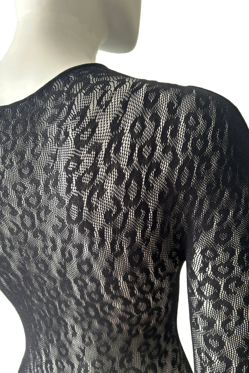 COCO Long Sleeve Footless Woven Fishnet Leopard Print Catsuit ...
